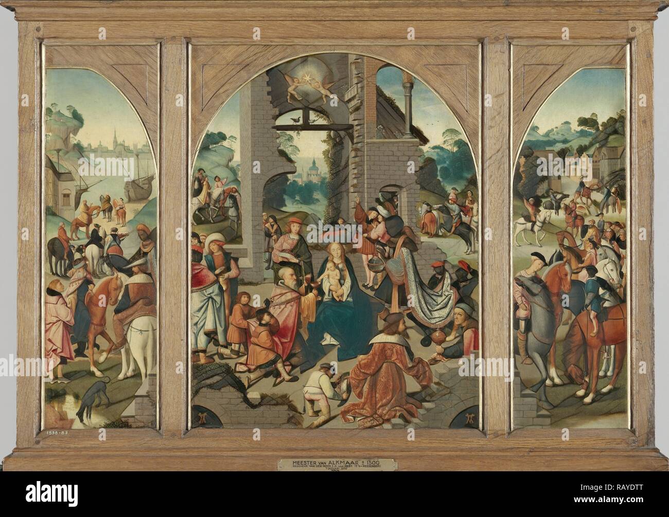 Triptych with Adoration of the Magi, center and inner wings, Saint Antony Abbot, left, outer ...
