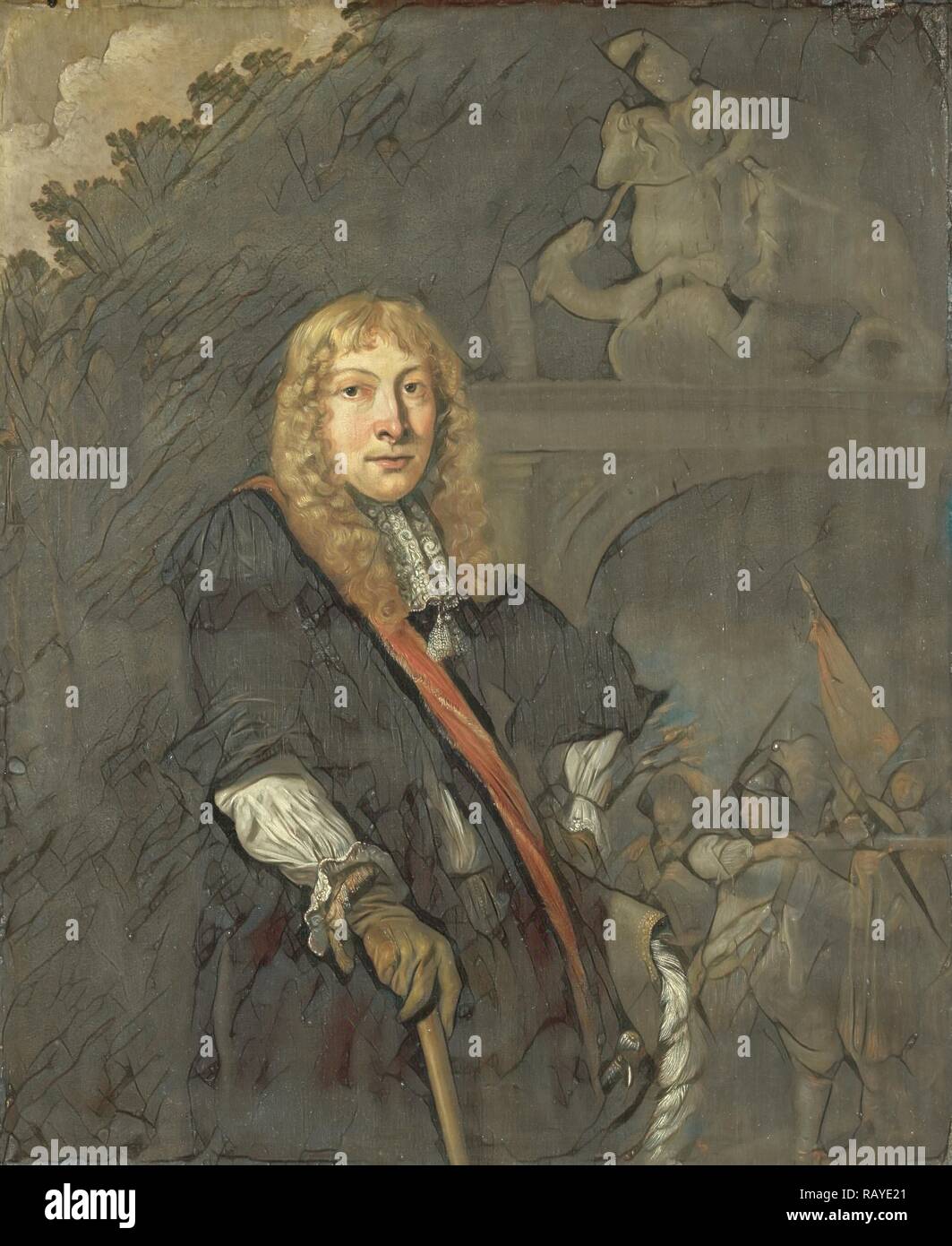 Portrait of an officer of the Leiden civic guard in front of the gate ...