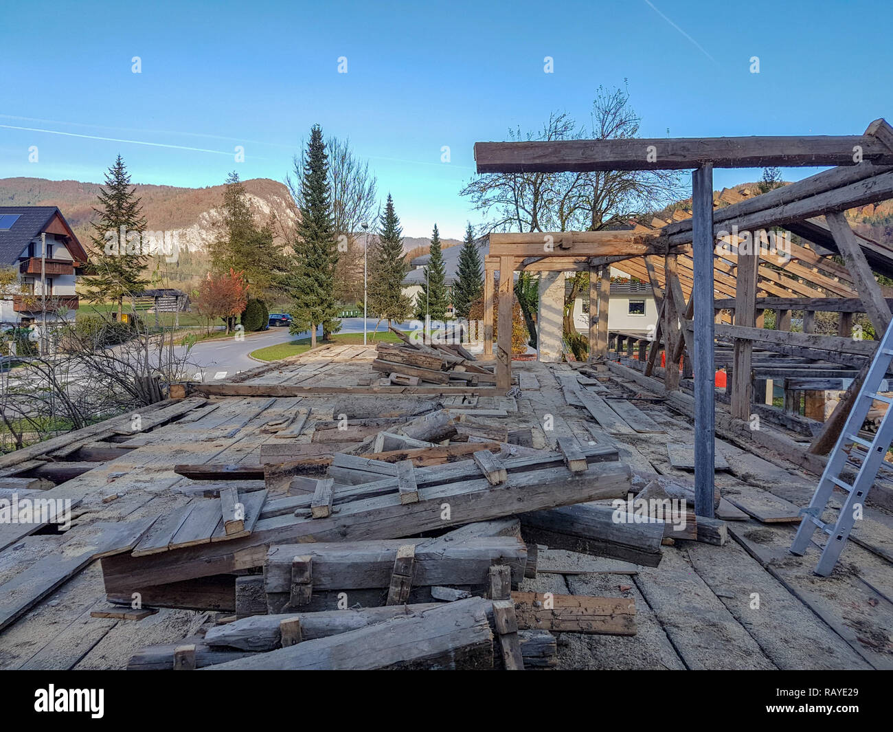 wooden beams teared down in a barn Stock Photo - Alamy