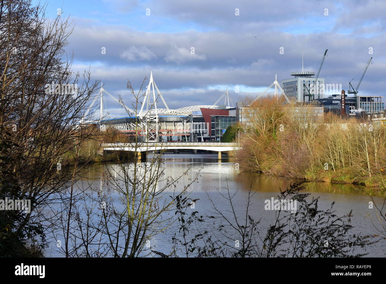 View of the river Taff towards Cardiff city centre and the Principality ...