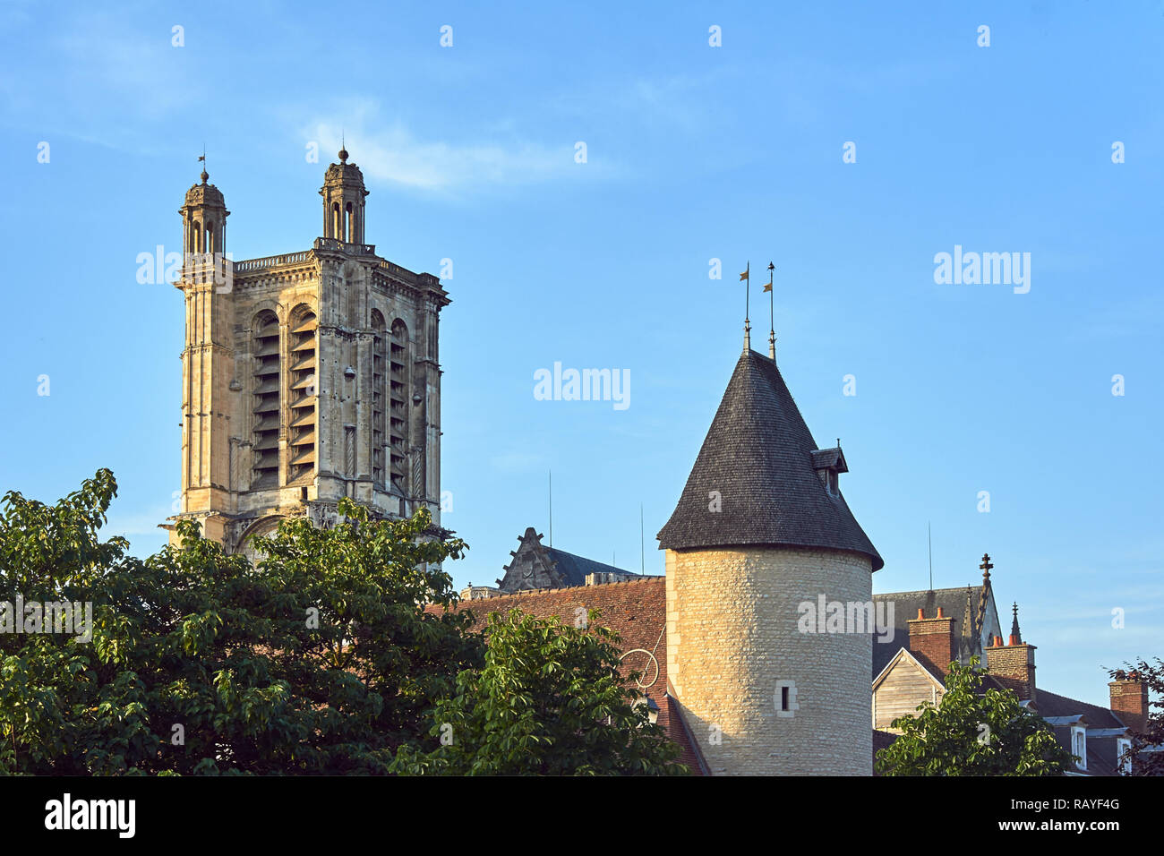 Medieval turret and tower of the Gothic cathedral in the city of Troyes ...