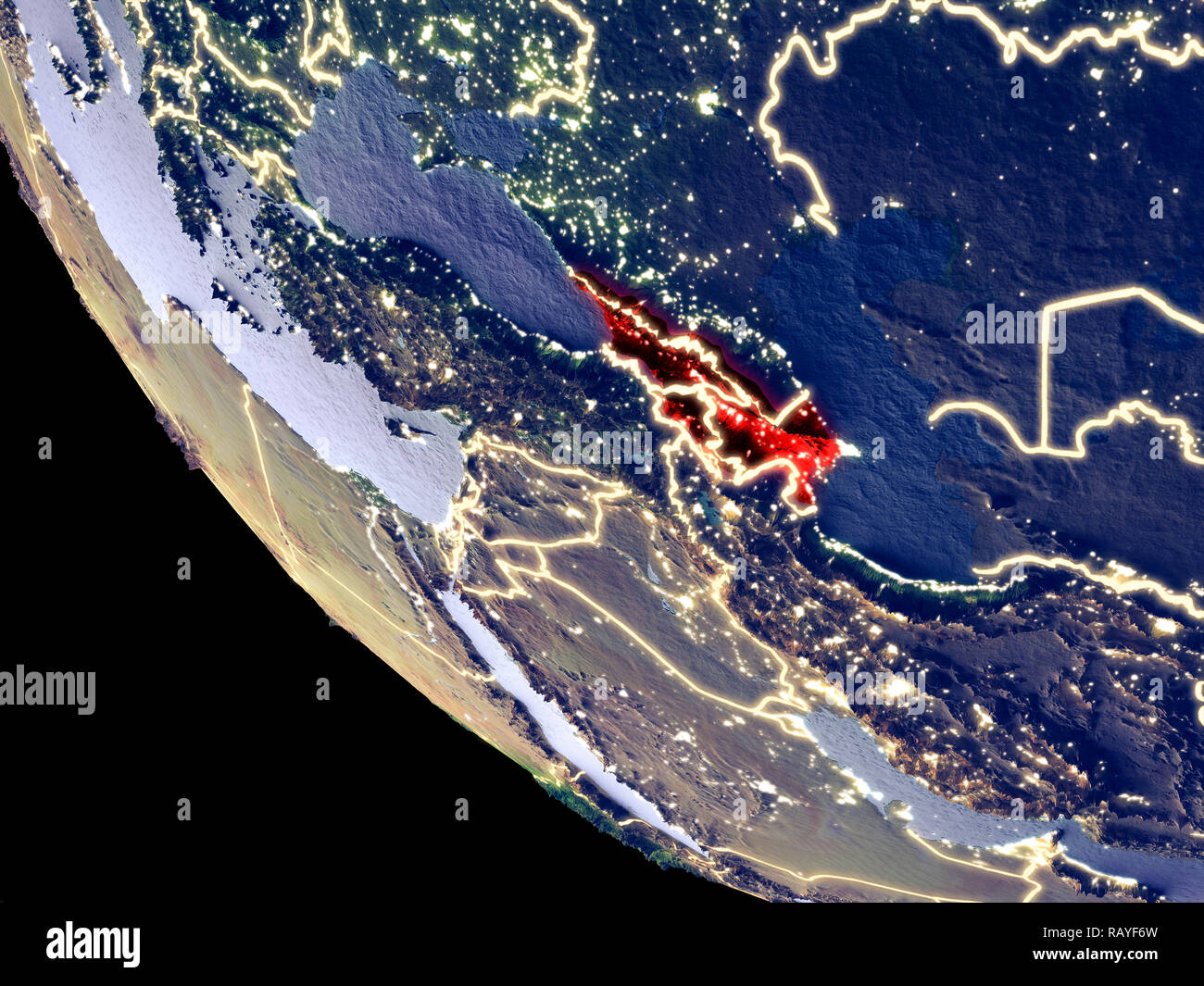 Orbit view of Caucasus region at night with bright city lights. Very ...