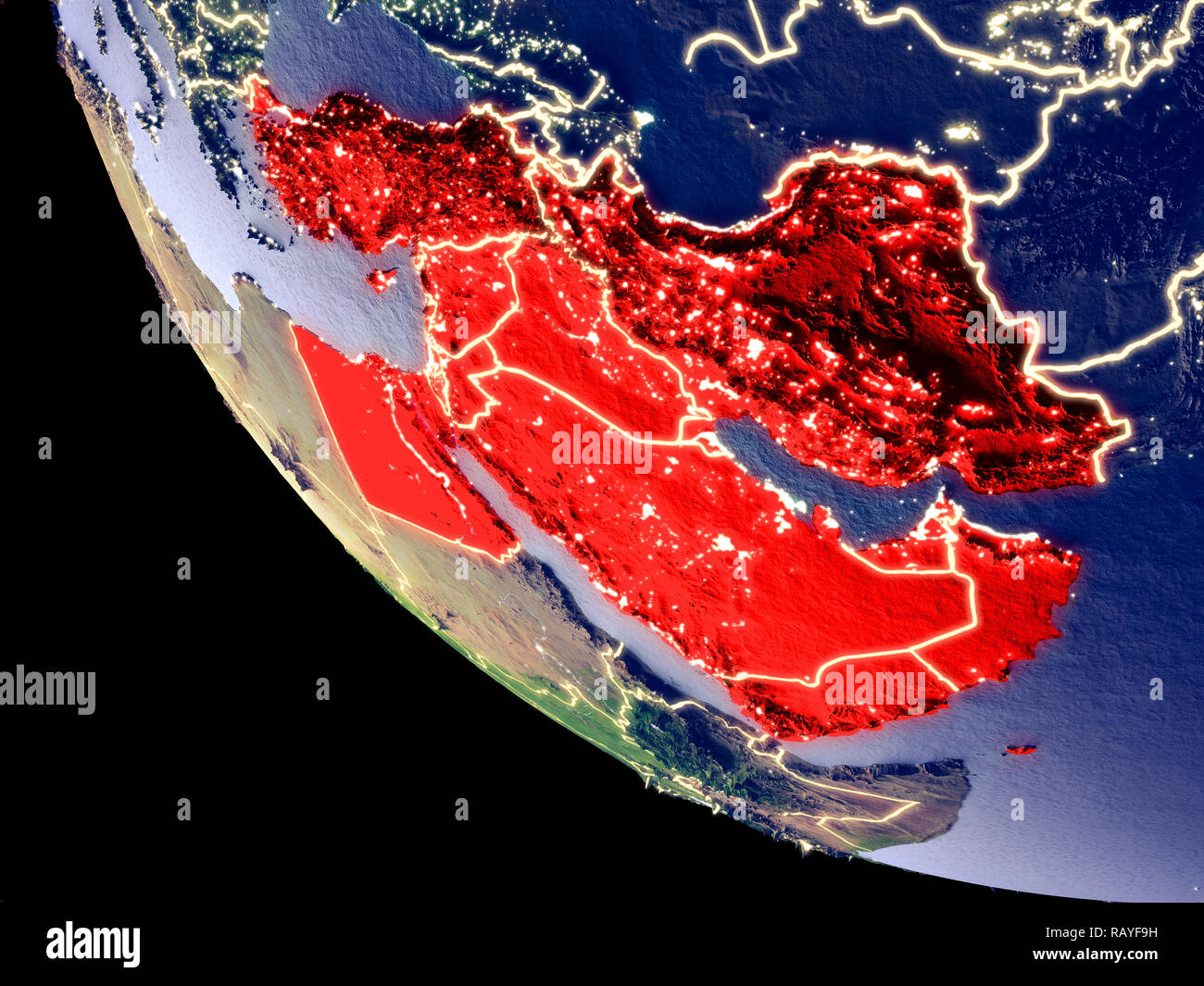 Orbit view of Middle East at night with bright city lights. Very ...