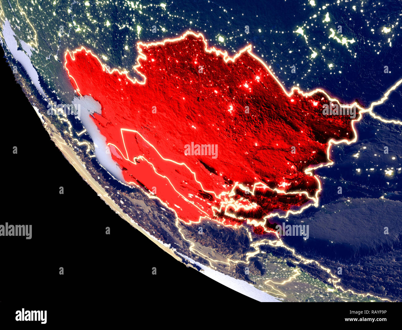 Orbit view of Central Asia at night with bright city lights. Very ...
