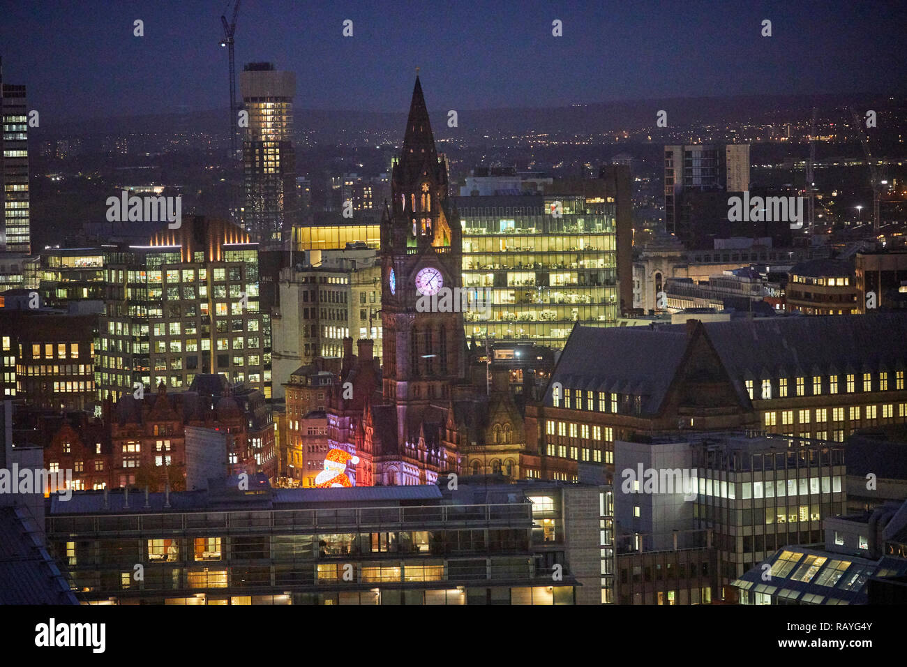 Manchester skyline at night showing the Town Hall Stock Photo - Alamy