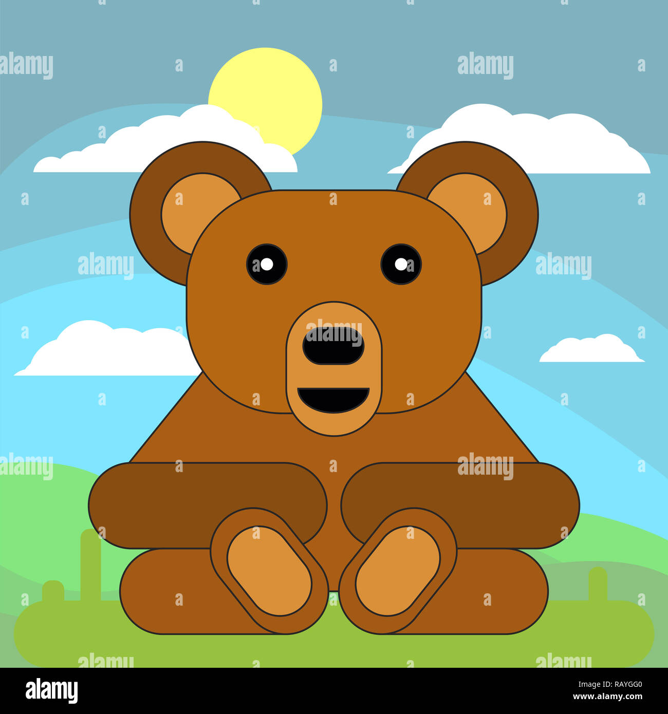 Teddy bear in cartoon flat style on the background of meadows, sun and ...