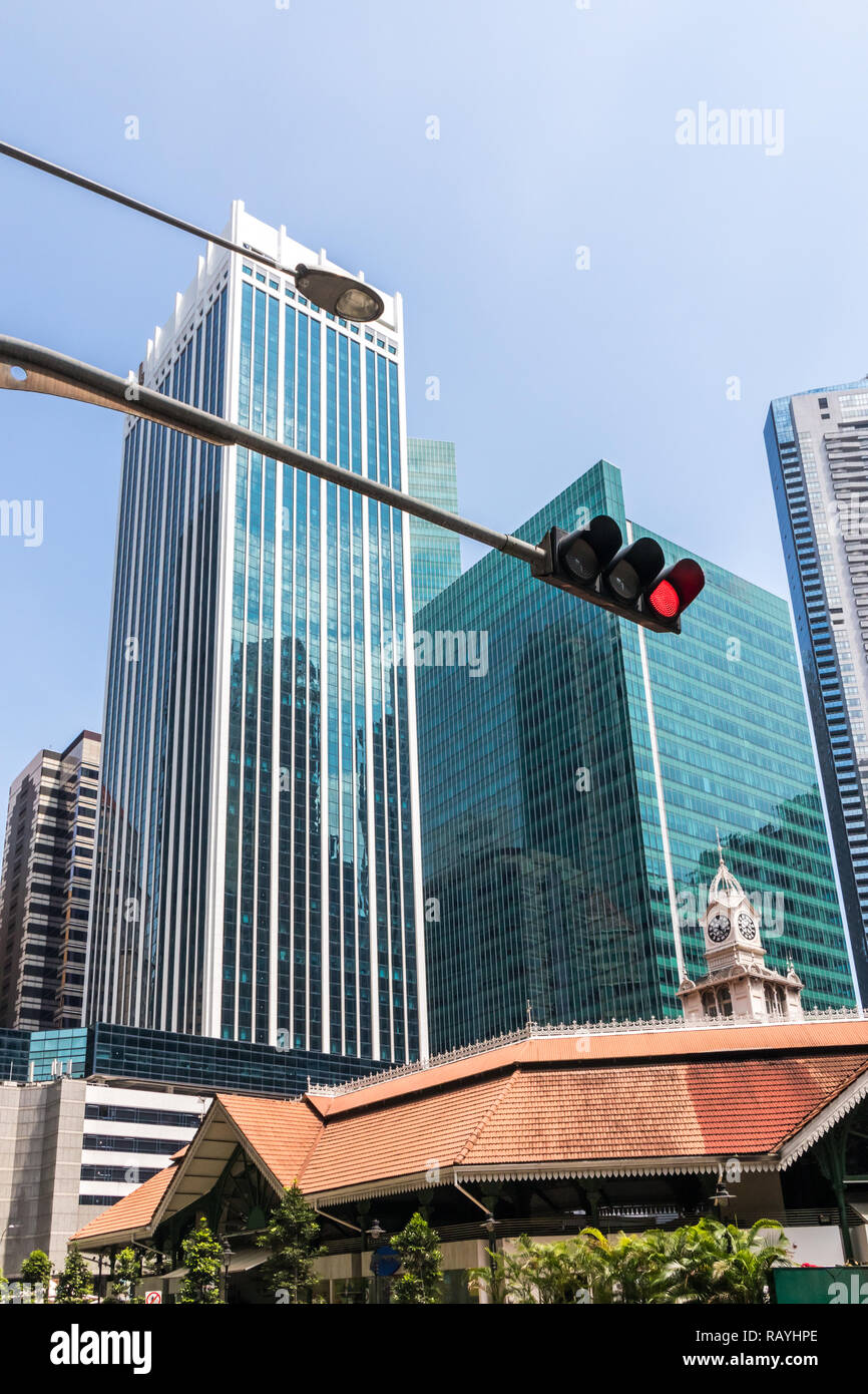 Red stop light at junction of Cross street and Robinson road. Central ...