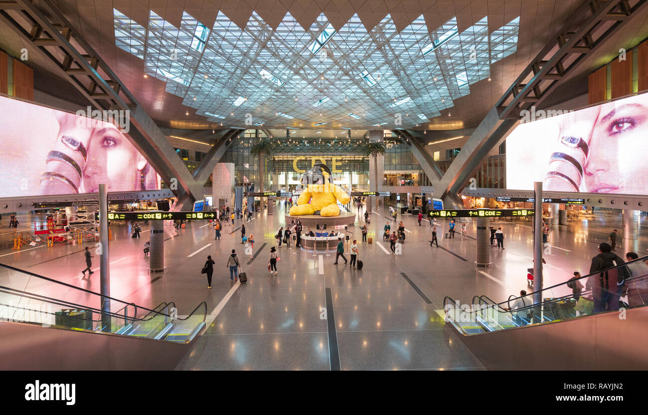 Interior of modern Hamad International Airport in Doha, Qatar Stock ...