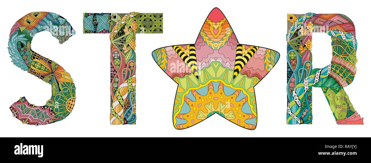 Word STAR with star silhouette. Vector decorative zentangle object ...