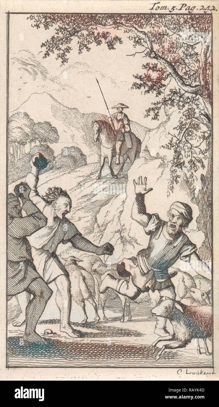 Sancho is stoned by shepherds, print maker: Caspar Luyken, Pieter ...