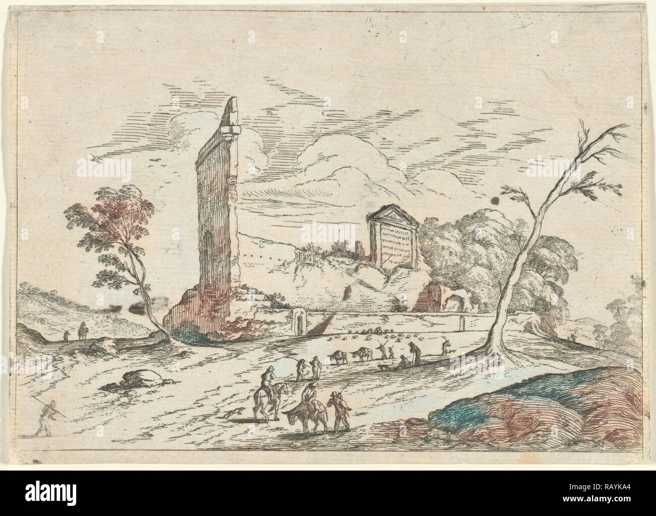 Landscape with Roman ruins and donkey herders, attributed to Jan van ...