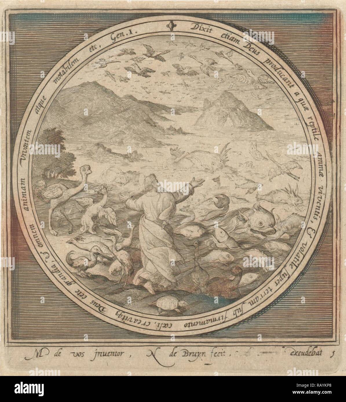 Fifth day of creation, God creates fish and birds, Nicolaes de Bruyn ...