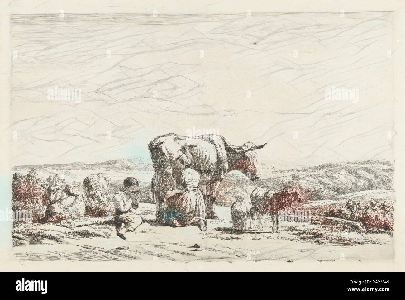 Landscape with Woman milking cow and boy with sheep, Simon van den Berg ...