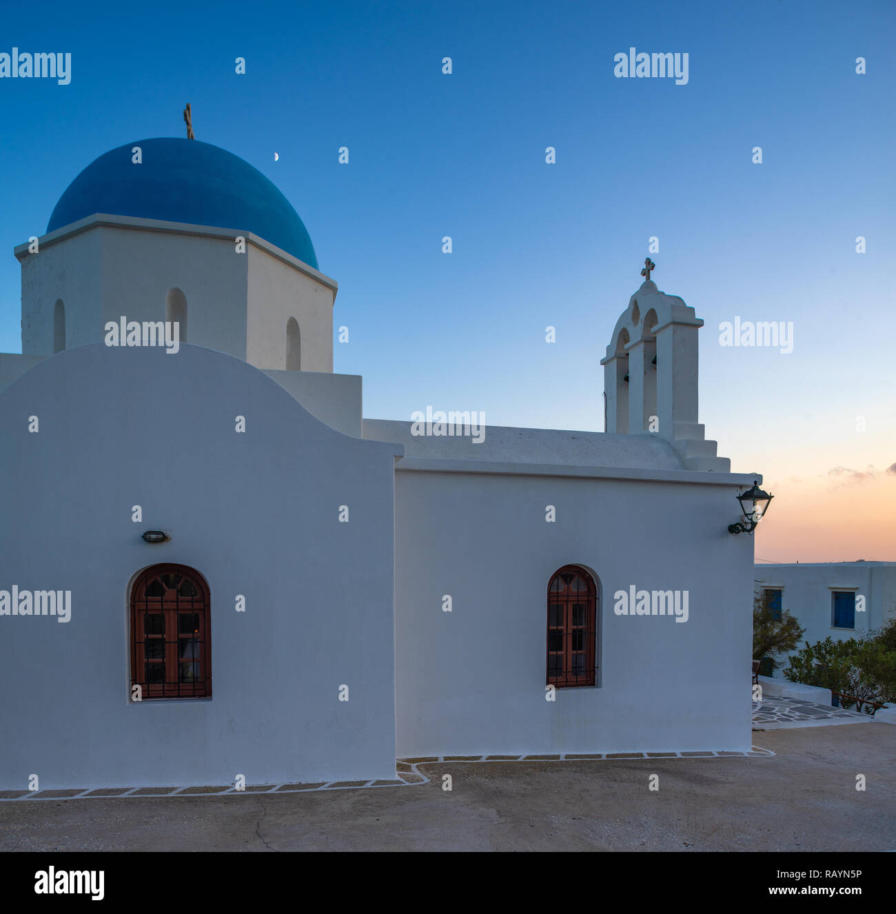 a typical church in the greek islands of Paros at sunrise Stock Photo ...
