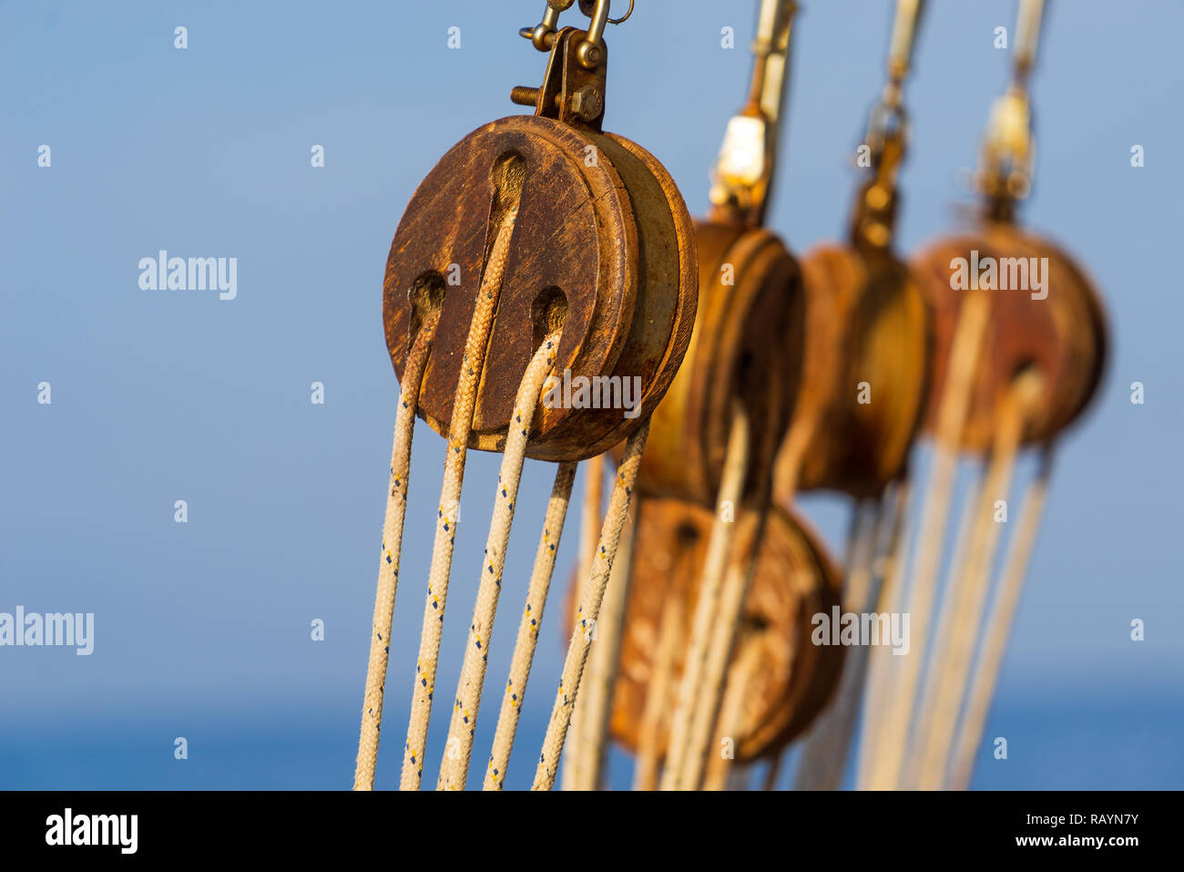 Old ship tackles. Old sailing ship vessel. Background Stock Photo - Alamy