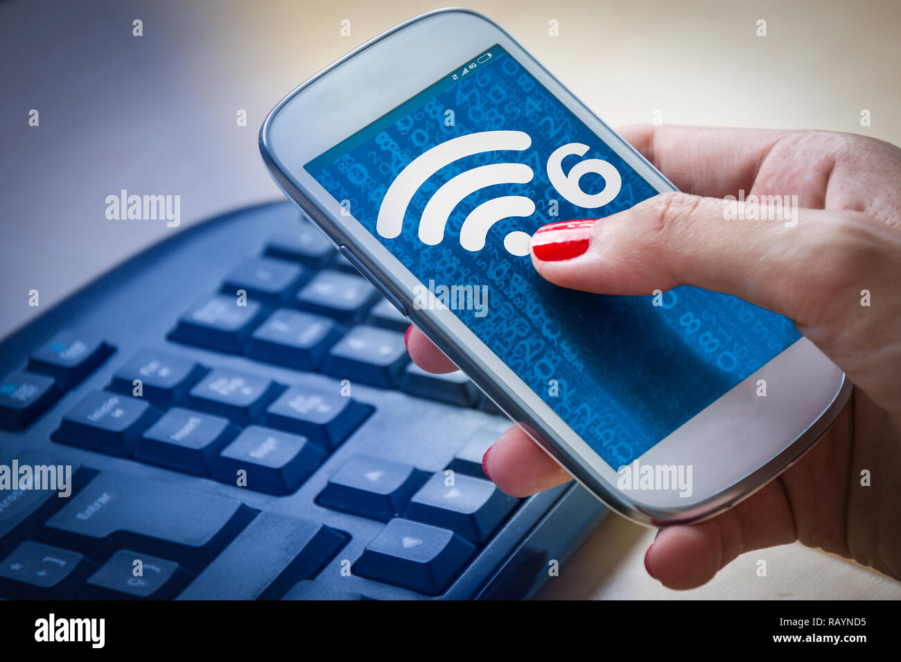 Girl using a smartphone with new wifi 6 on the screen Stock Photo - Alamy