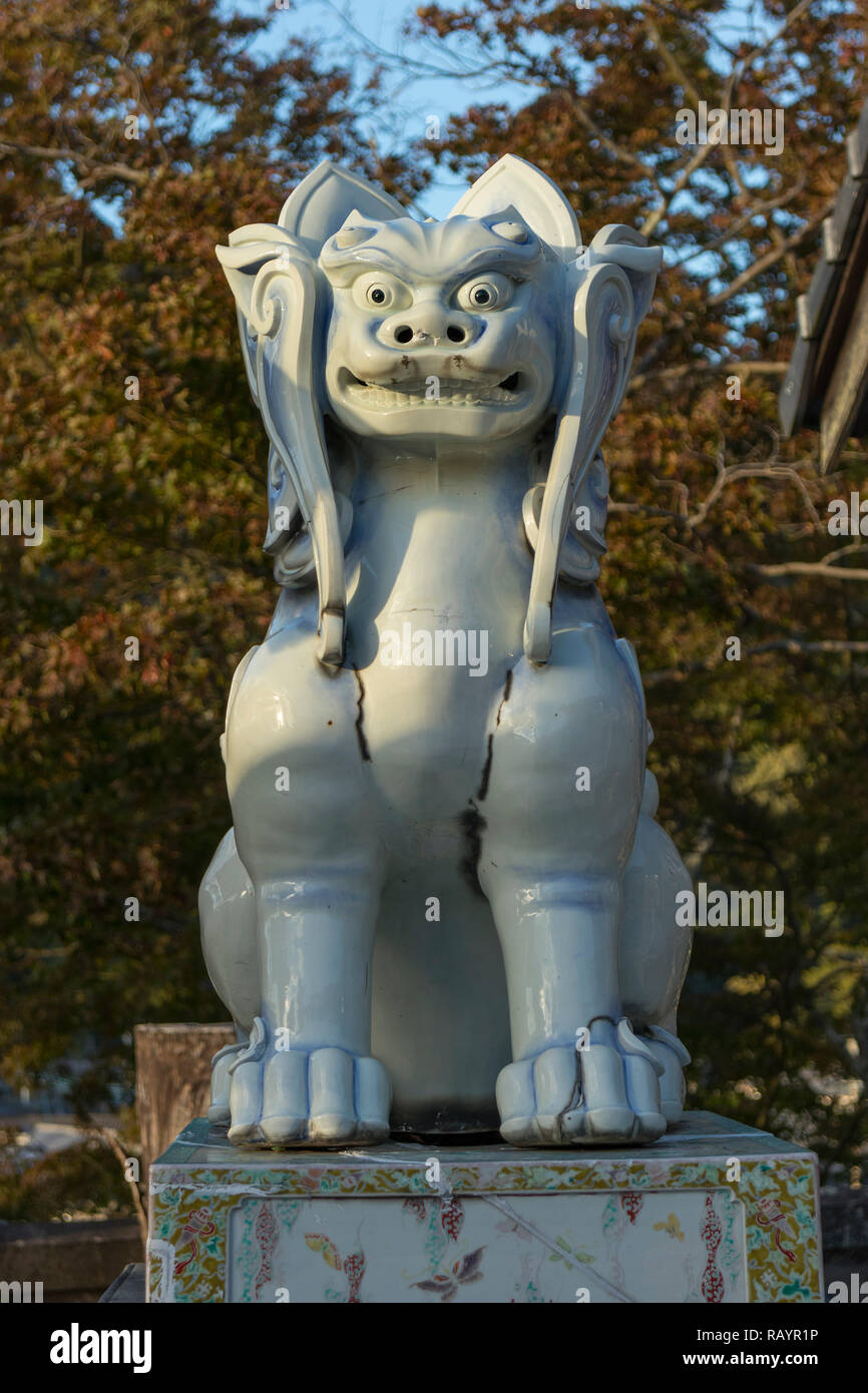 Arita, Japan - October 30, 2018: Statue of a komainu guardian dog made ...
