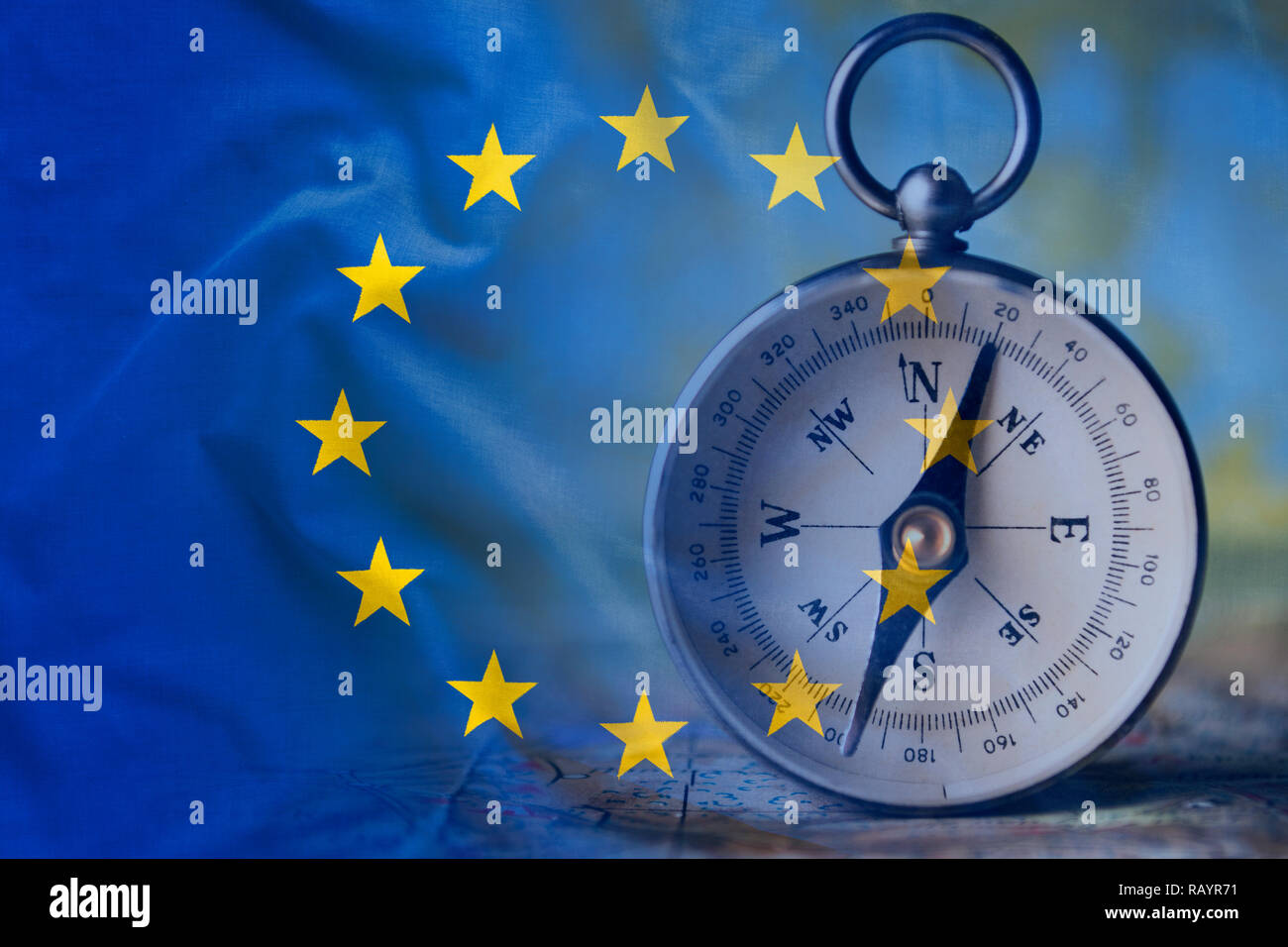 European Union flag wavy surface and classic white compass in the ...