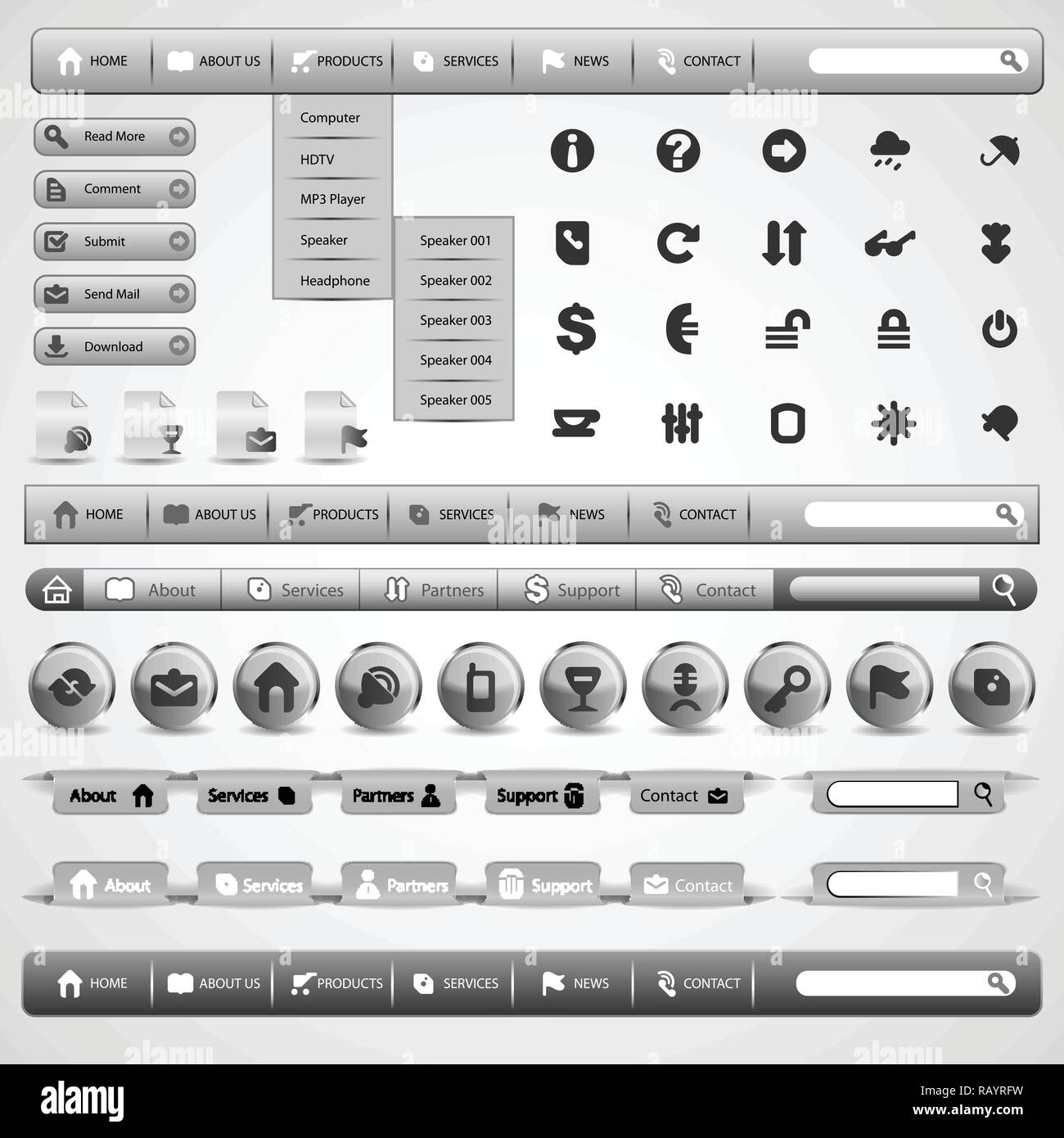 Collection Of Grey Modern Styled Website Design Elements Stock Vector ...