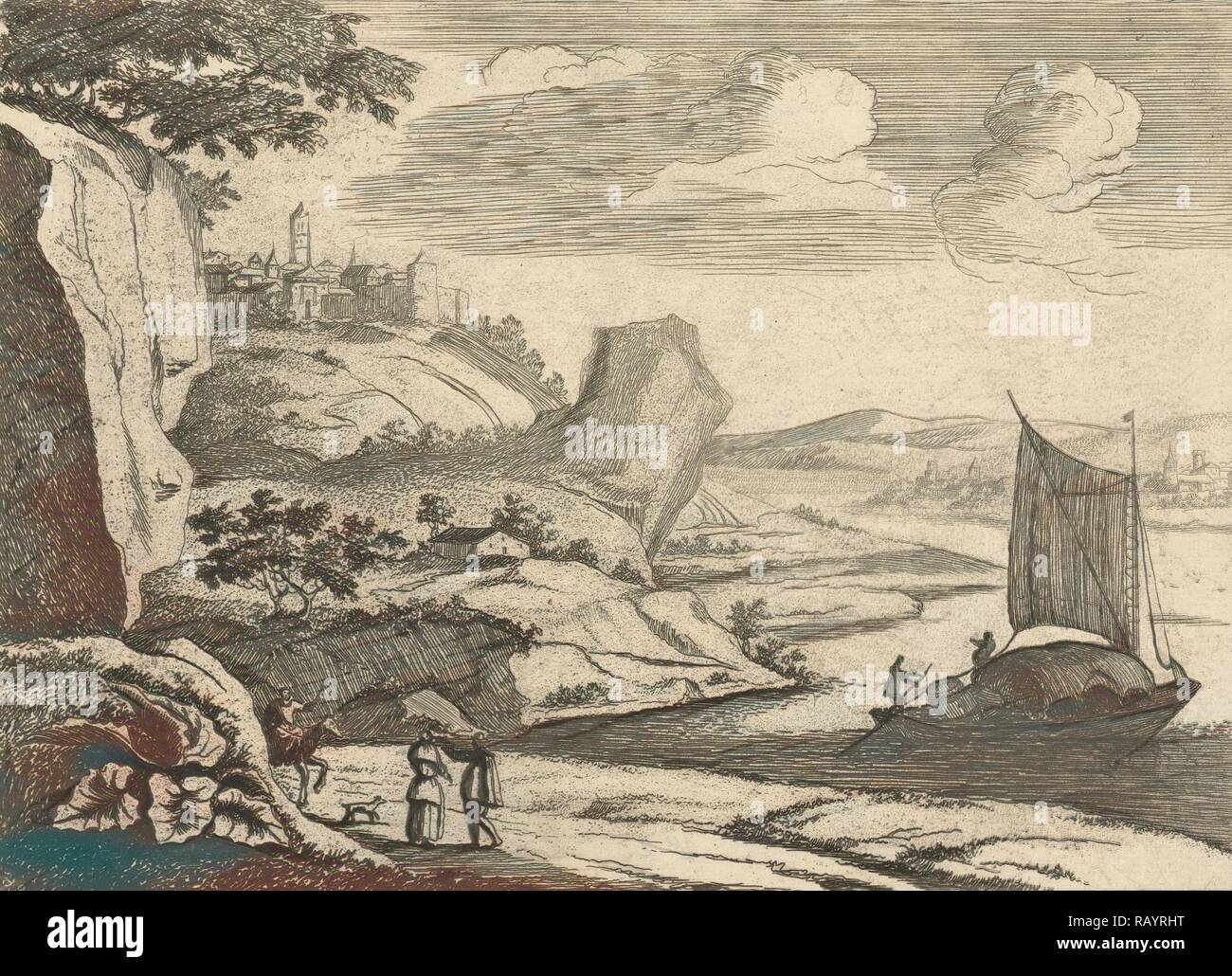 River landscape with sailing ship, Jan van Almeloveen, 1683. Reimagined ...