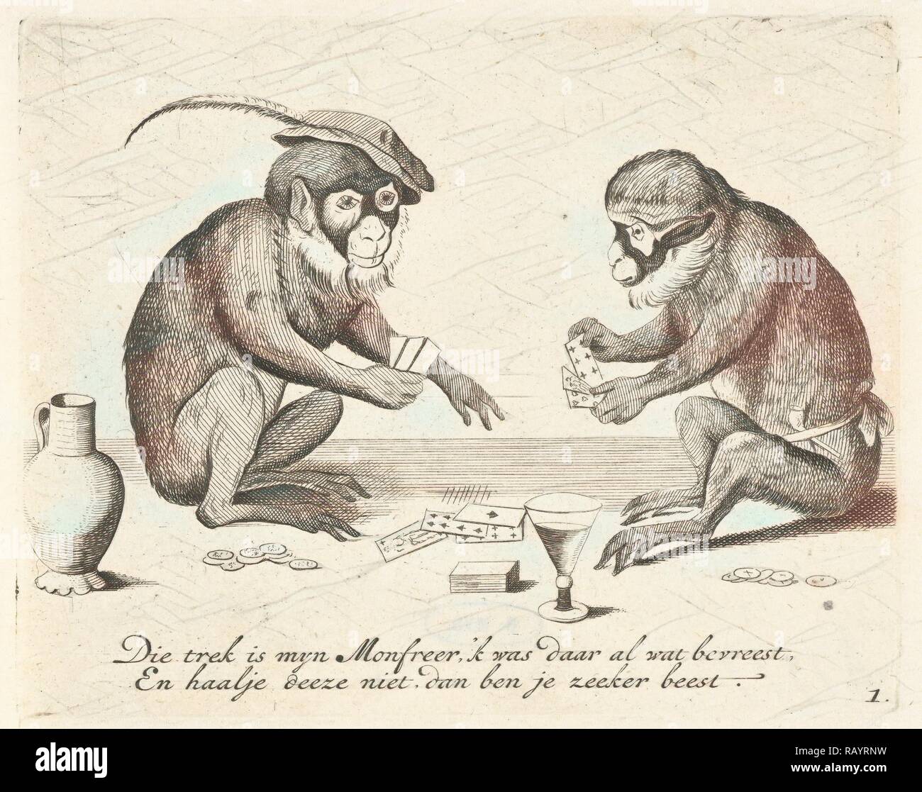 Two monkeys cards, Quirin Boel, David Teniers (II), Anonymous, 1635 ...
