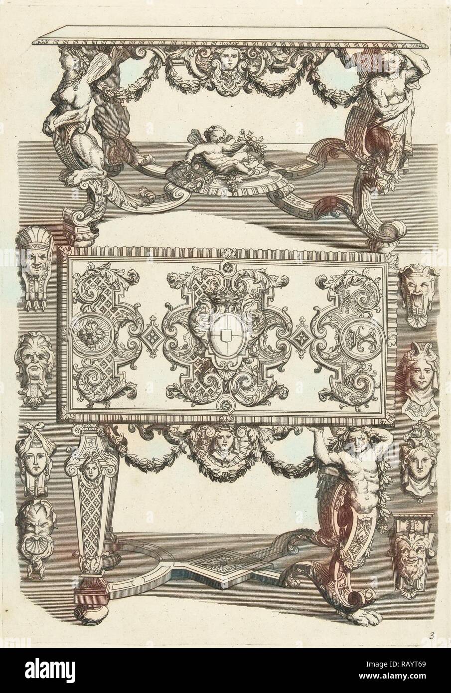 The upper table is shown in perspective, with the lower table top is ...