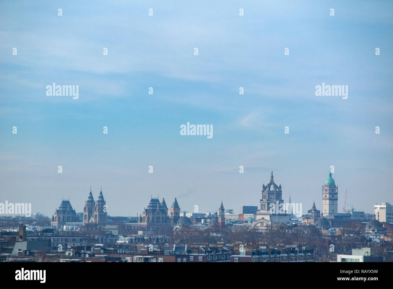 The London skyline, Chelsea chimneys and roof tops in the foreground ...