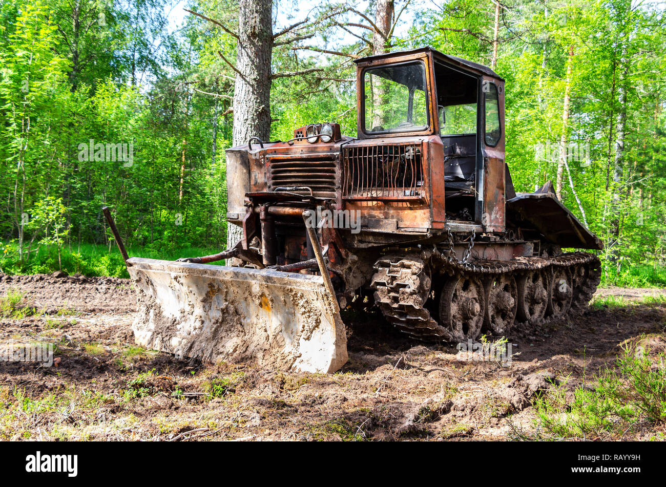 Old skidder at the forest in summertime. Skidding machine for timber ...