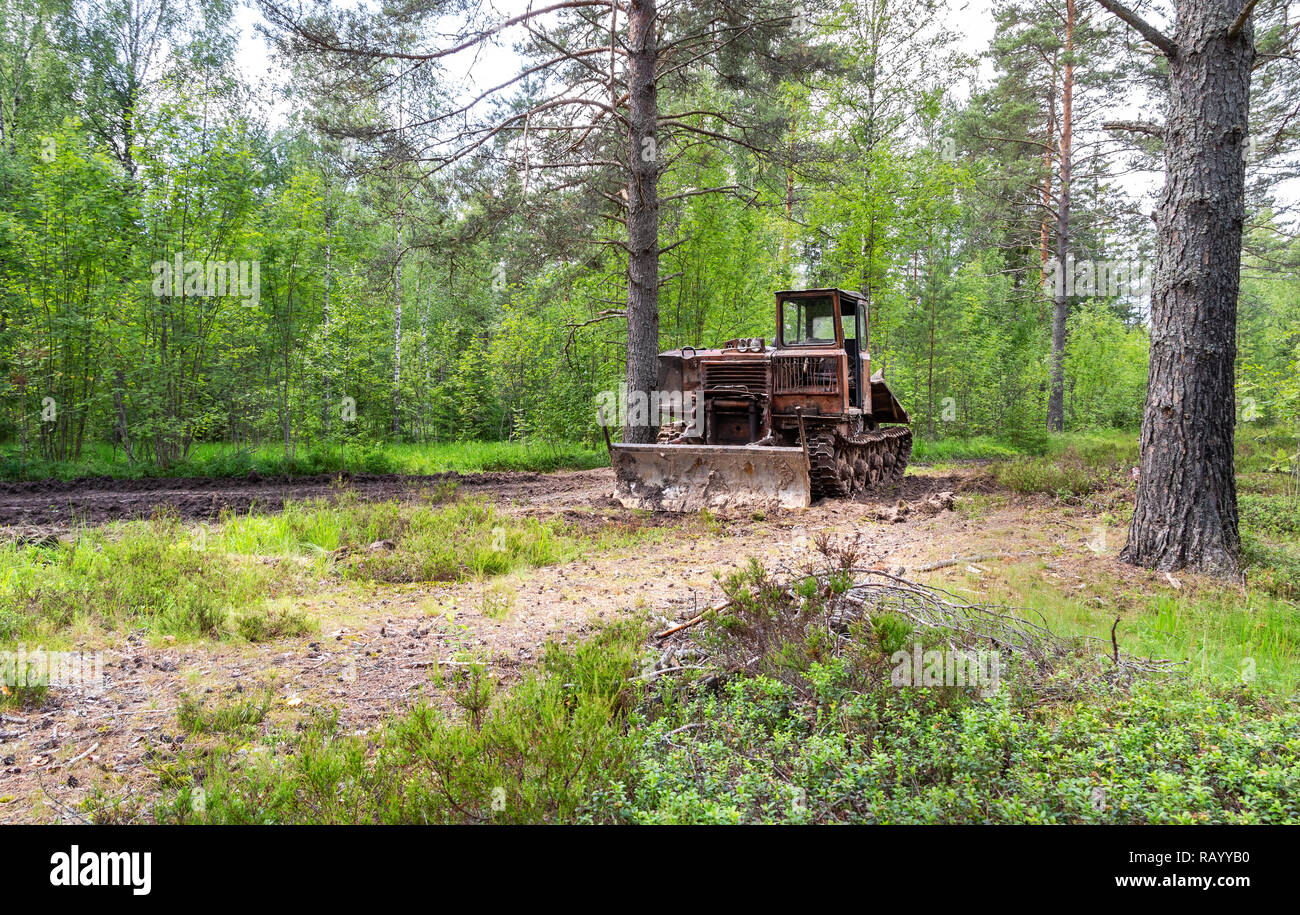Old skidder at the forest in summertime. Skidding machine for timber ...