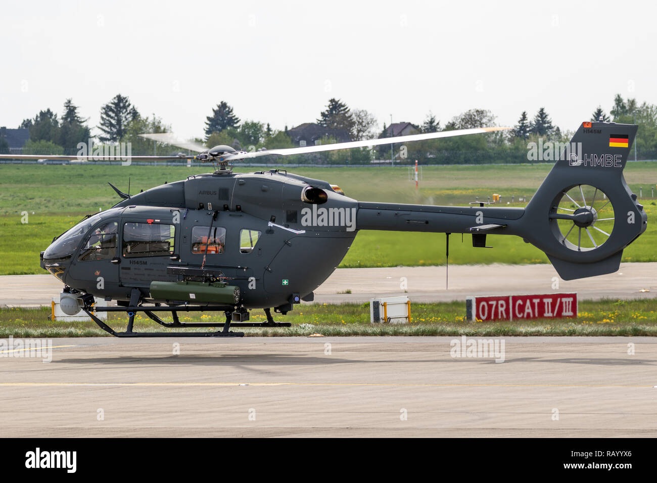 BERLIN - APR 27, 2018: New Airbus H145M military helicopter in flight at the Berlin ILA Air Show ...