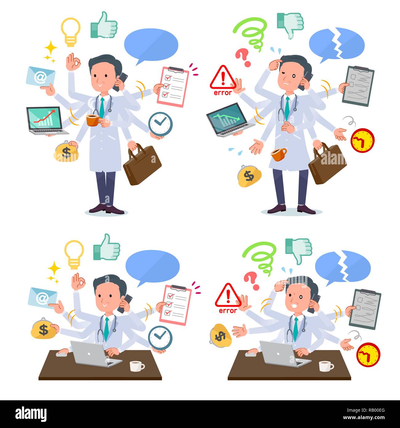 A set of doctor man who perform multitasking in the office.There are ...