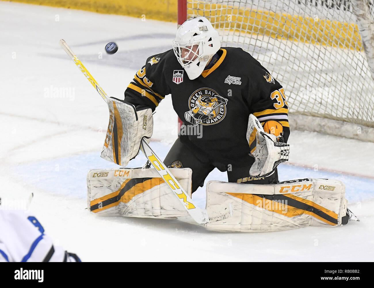 Fargo, ND, USA. 5th Jan, 2019. Green Bay Gamblers goaltender Evan Fear ...