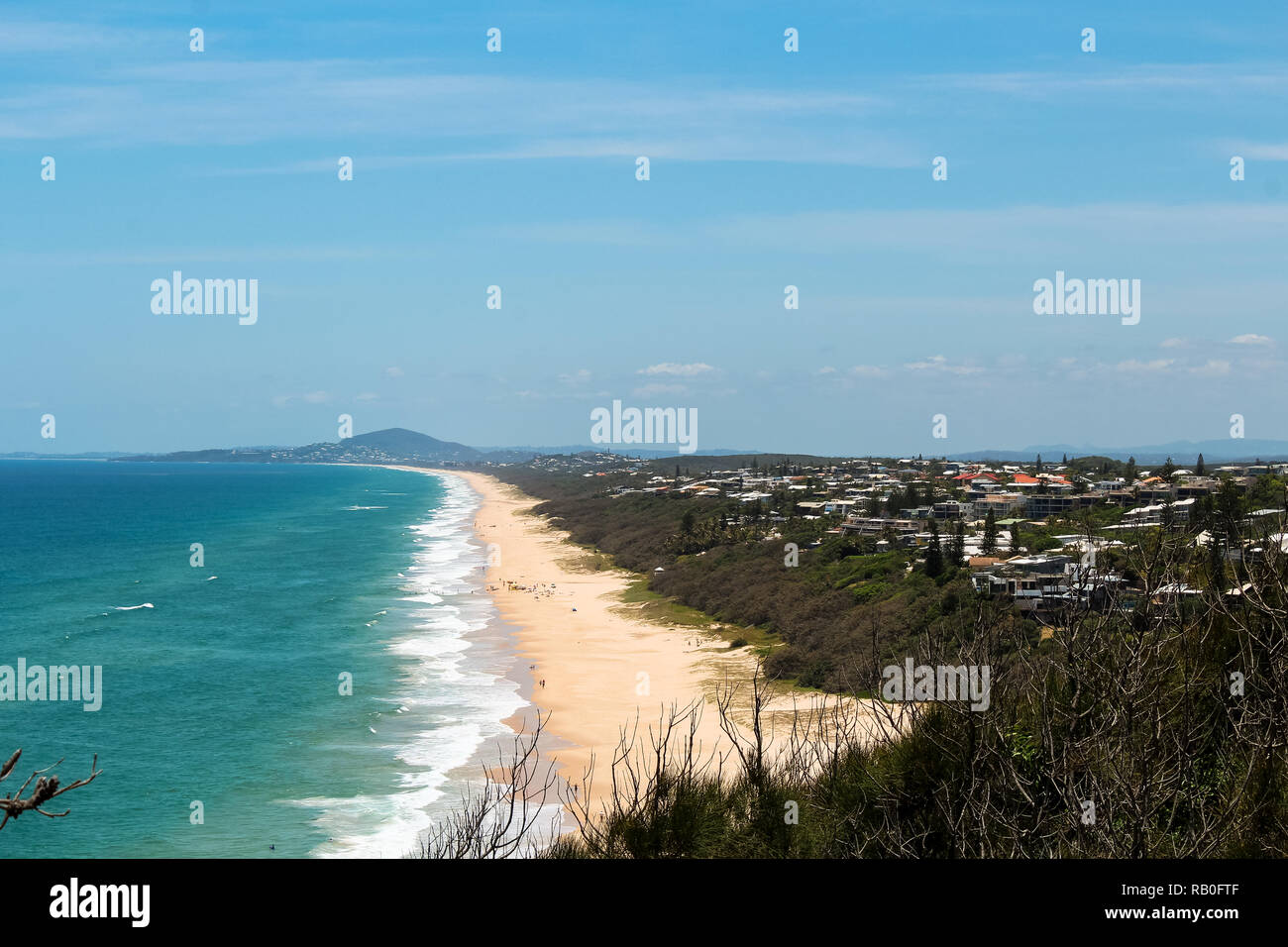 View onto Sunshine Beach from Noosa National Park with clear blue sky ...