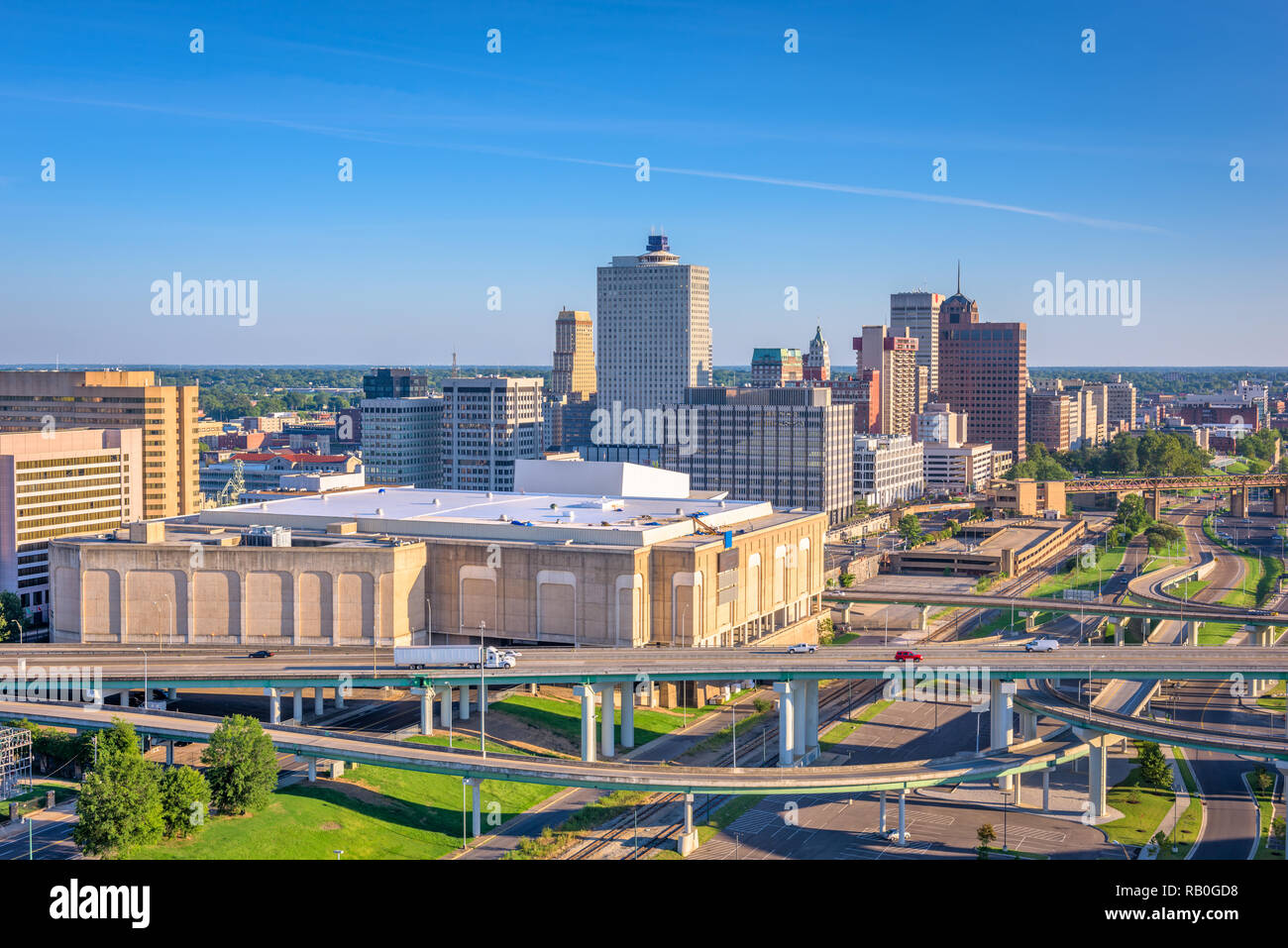 Memphis, Tennessee, USA downtown city skyline over highways at dusk ...