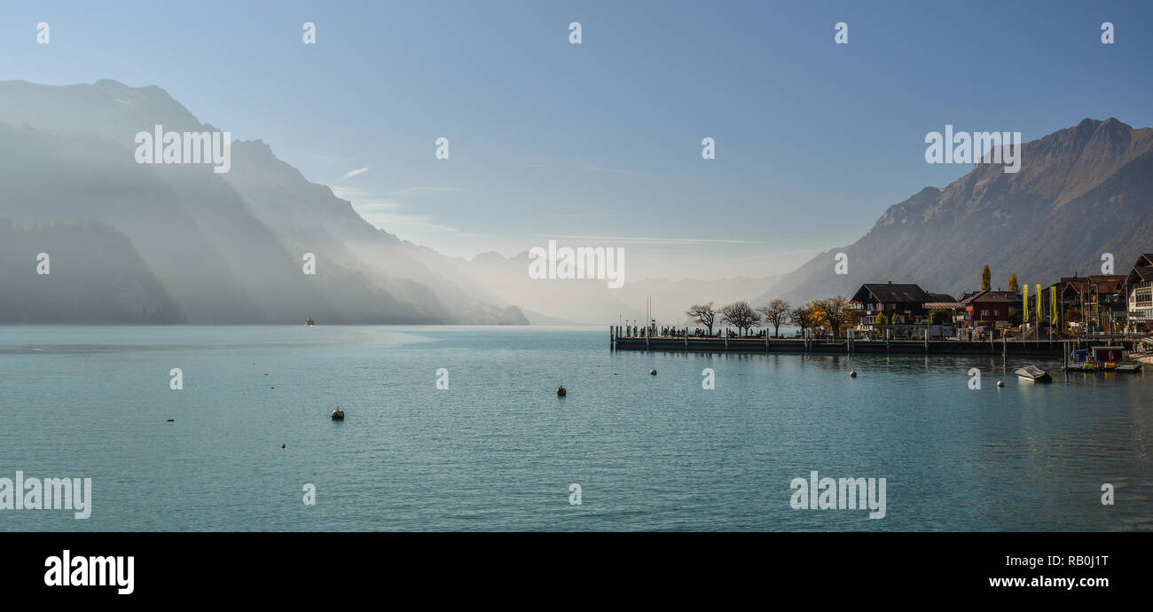 Swiss lake at sunset in Brienz, Switzerland. The turquoise Lake Brienz ...