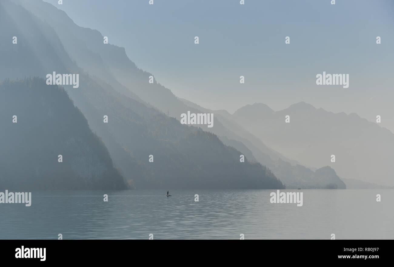 Swiss lake at sunset in Brienz, Switzerland. The turquoise Lake Brienz ...