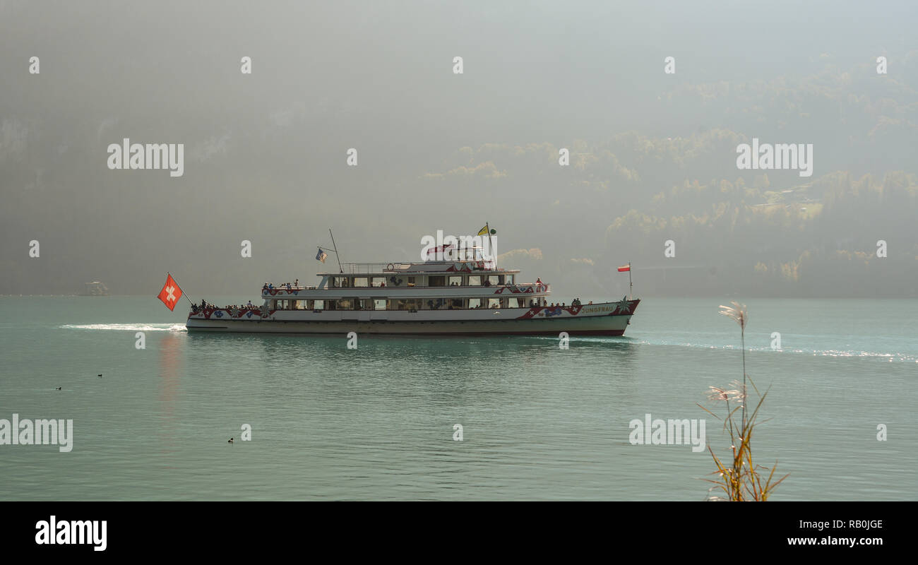 Brienz, Switzerland - Oct 21, 2018. Tourist ferry on the lake in Brienz ...