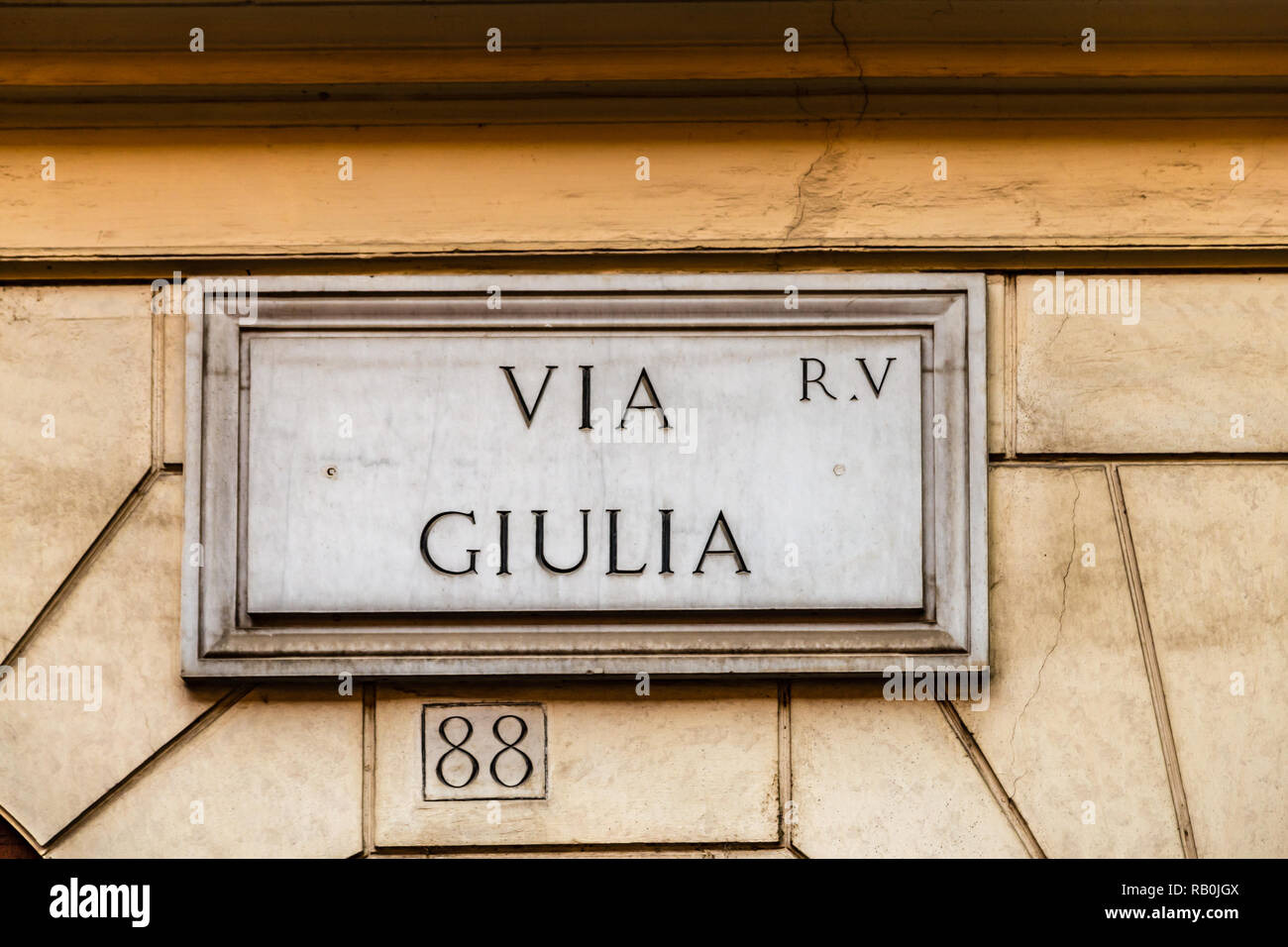 ROME, ITALY - JANUARY 2, 2019: light is enlightening street name sign ...