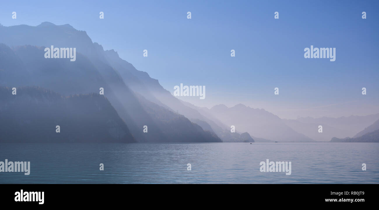 Swiss lake at sunset in Brienz, Switzerland. The turquoise Lake Brienz ...