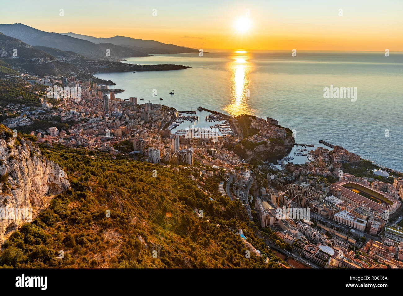 Aerial view of Kingdom of Monaco at sunrise, view from La Turbie, Monte ...