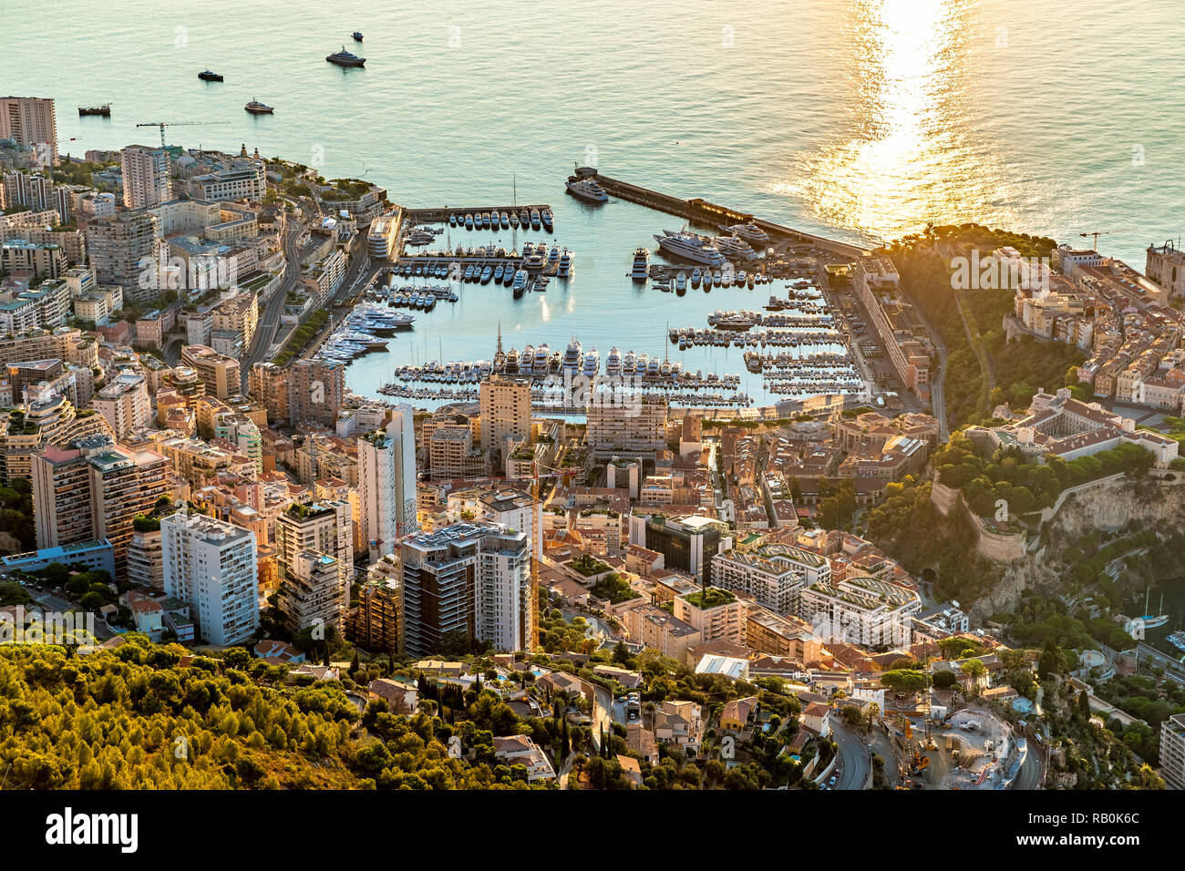 Aerial view of Kingdom of Monaco at sunrise, view from La Turbie, Monte ...