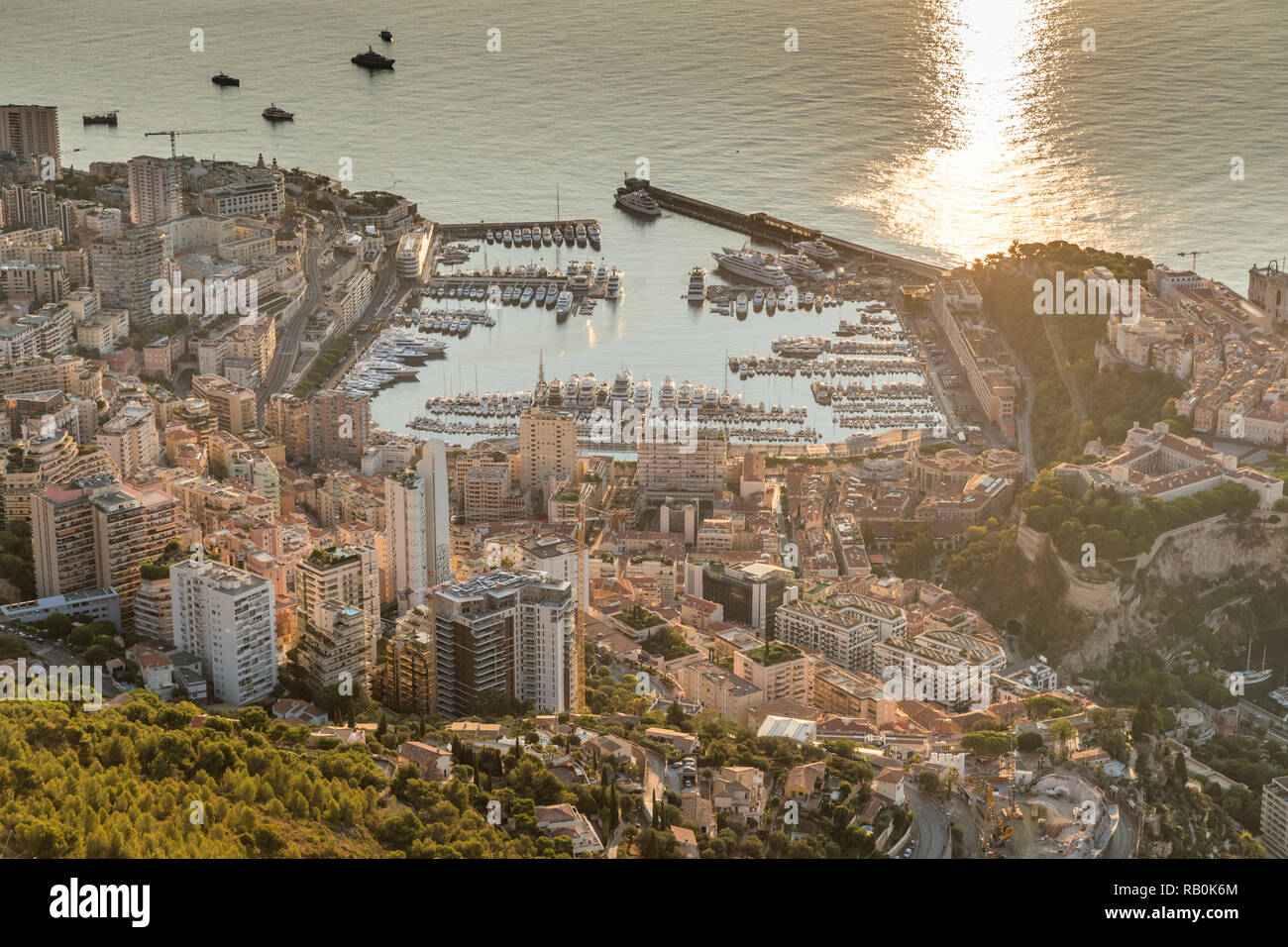 Aerial view of Kingdom of Monaco at sunrise, view from La Turbie, Monte ...