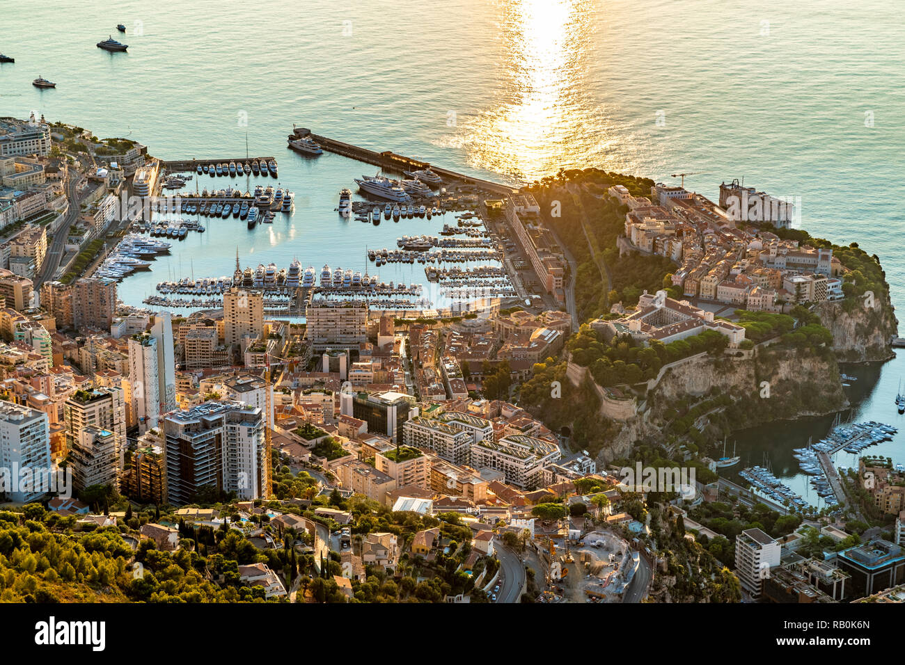Aerial view of Kingdom of Monaco at sunrise, view from La Turbie, Monte ...