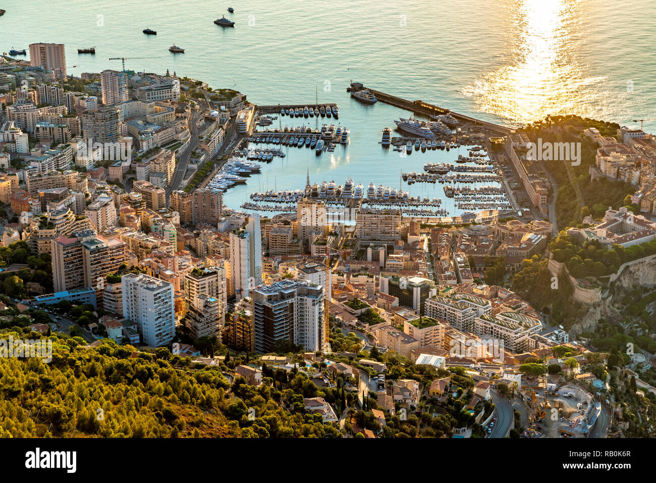 Aerial view of Kingdom of Monaco at sunrise, view from La Turbie, Monte ...