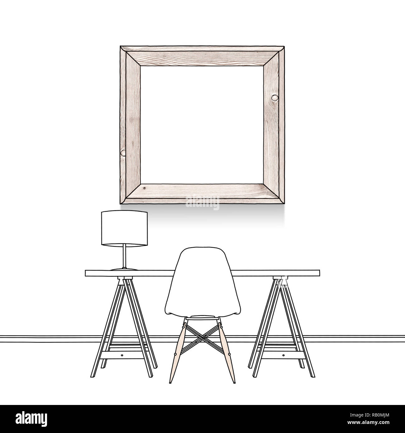 Sketch illustration drawing of desktop and chair over blank square ...