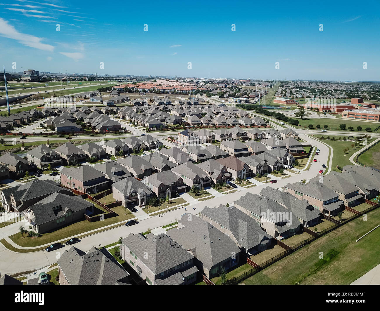 Top view new development area with residential houses, highway a Stock ...