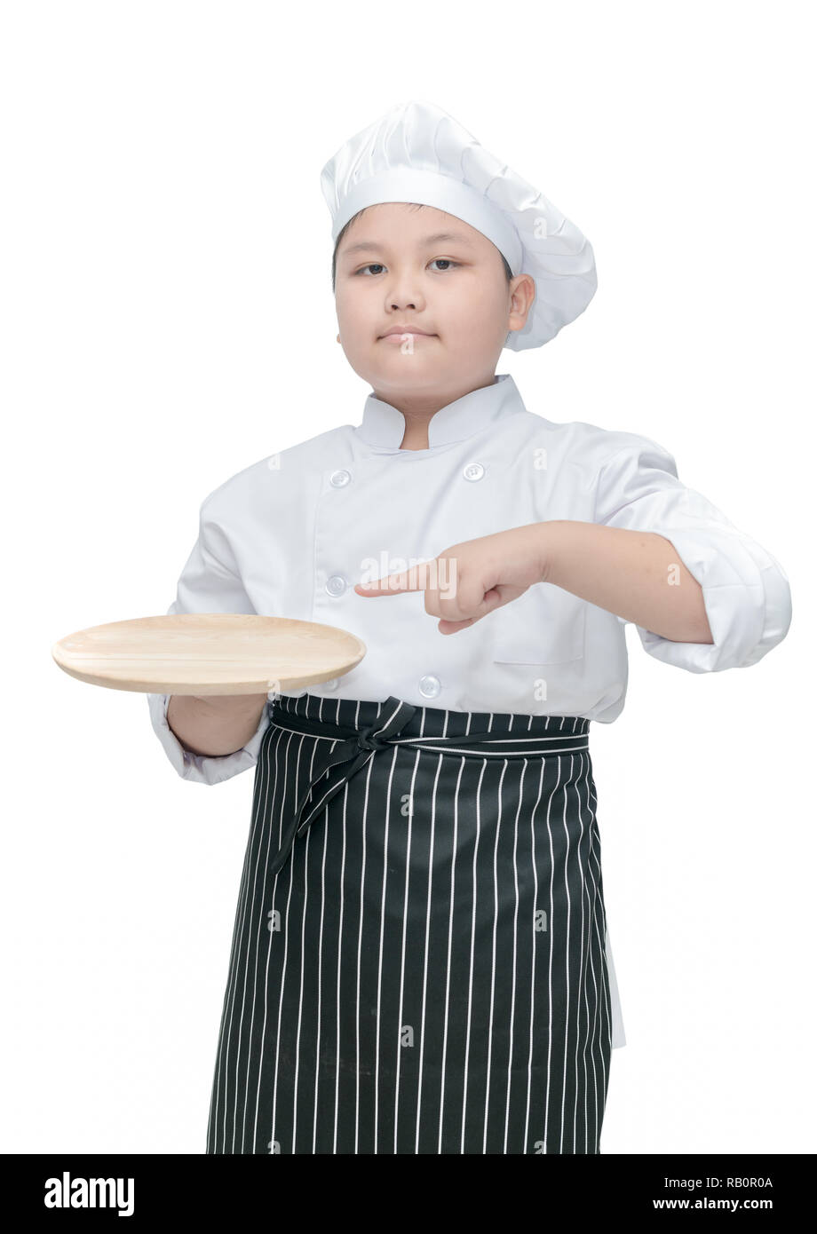 fat chef holding and pointing empty wood dish isolated on white ...