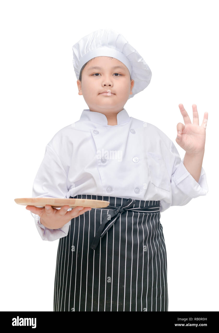 fat chef holding empty wood dish isolated on white background ...