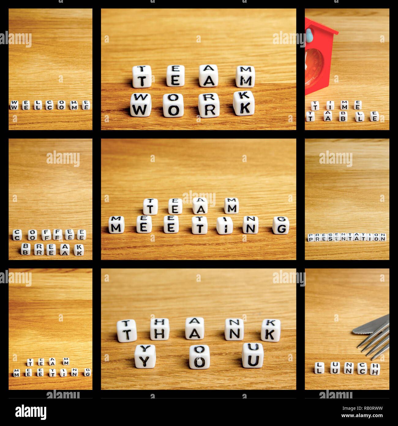 collage of little miniature dices forming words related to the team ...