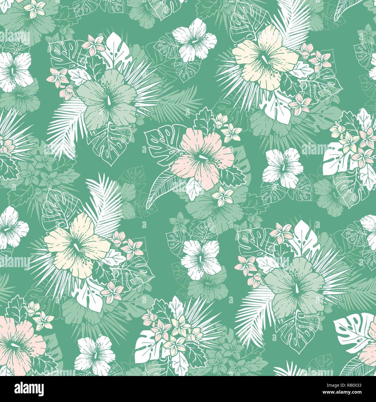 Mint and White Exotic Foliage and Hibiscus Flowers Vector Seamless ...